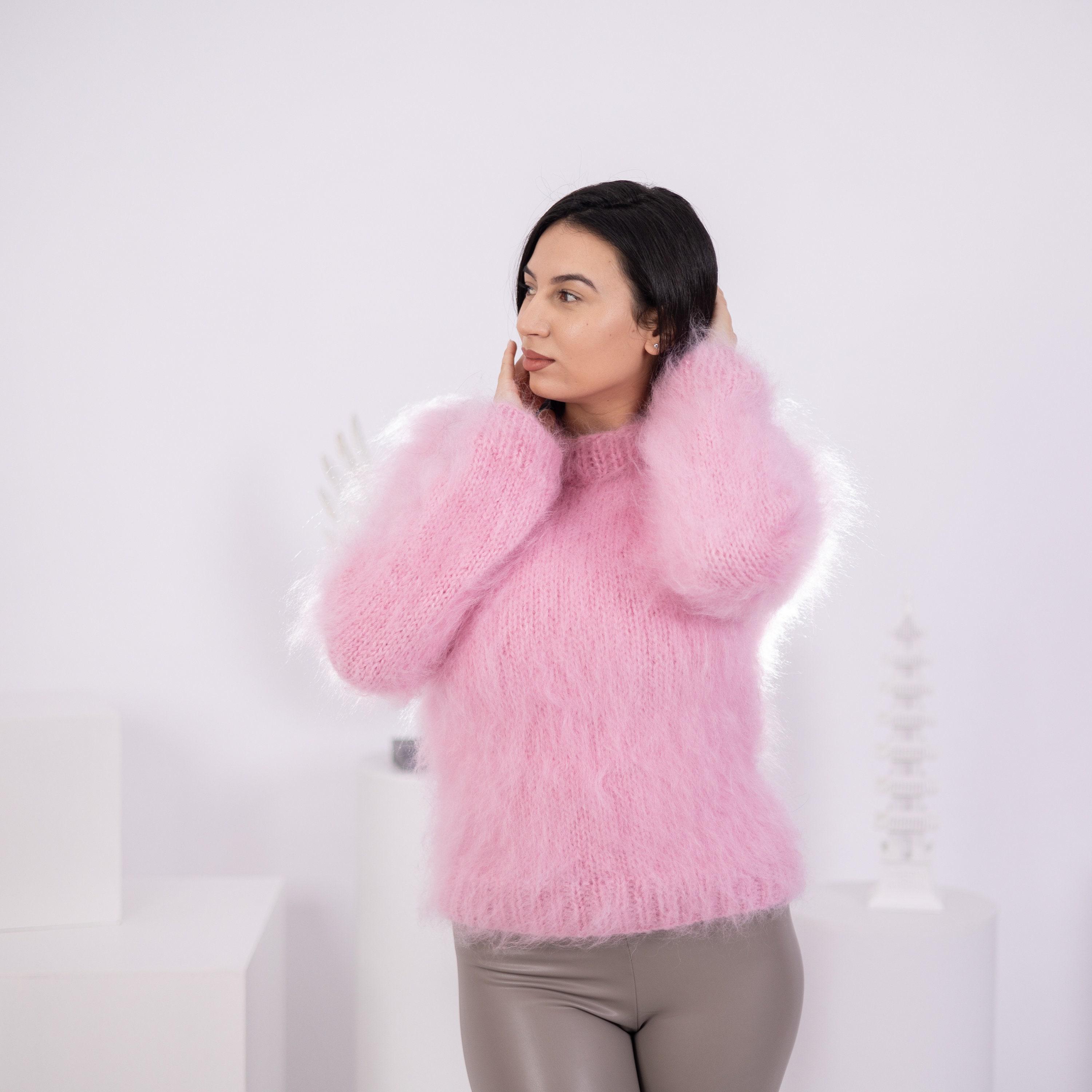 Hand-knitted Pink Mohair Sweater – Thick Fuzzy Fluffy Soft Pullover ...