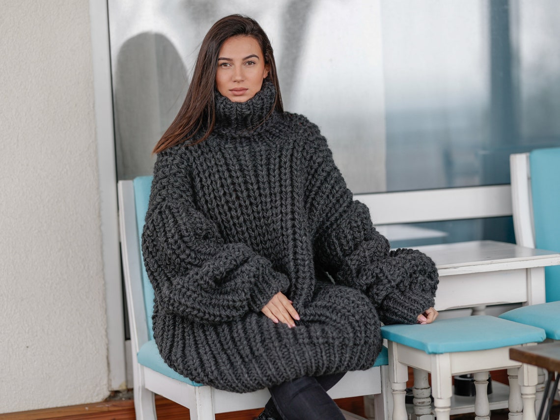 Gray English Rib Oversized Wool Sweater Thick Hand Knitted | Etsy