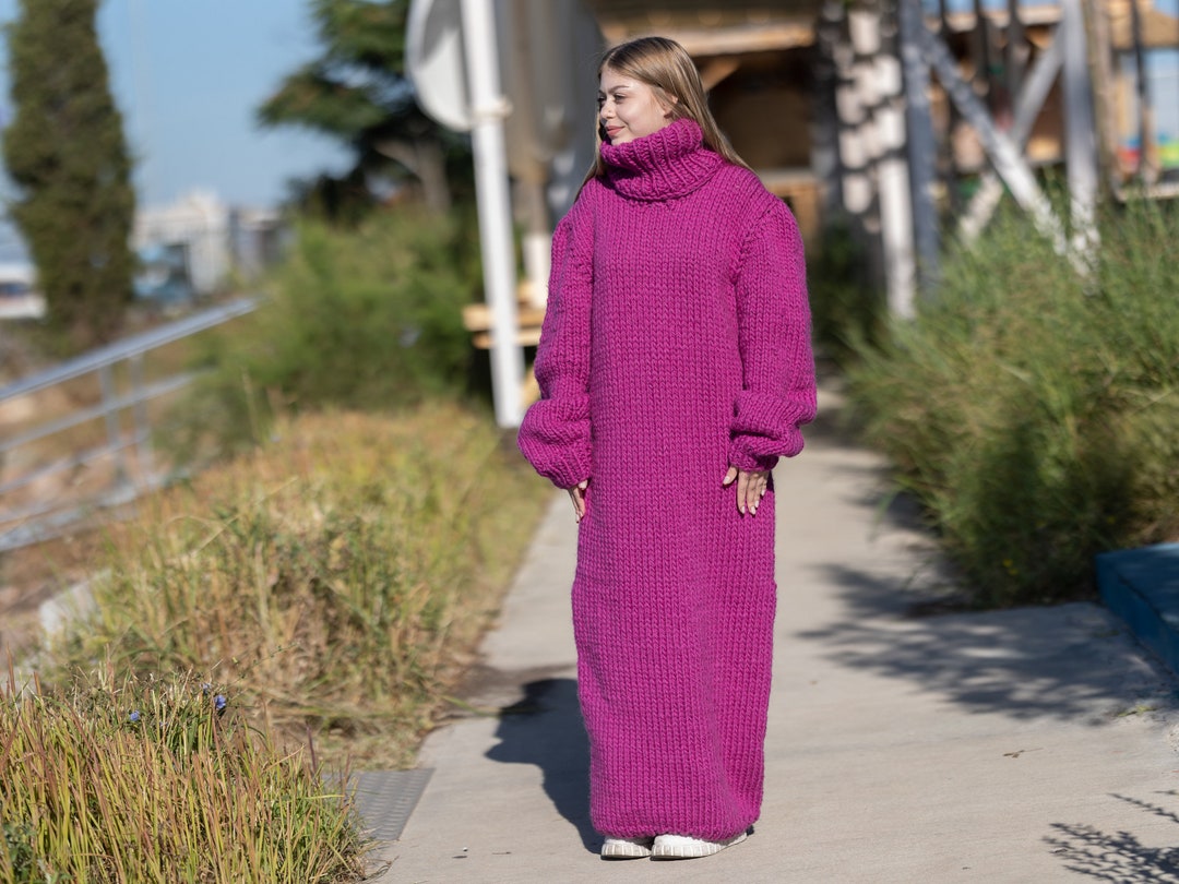 Pink Wool Dress, Knit Sweater Dress, Turtleneck Maxi Dress T1264 - Etsy