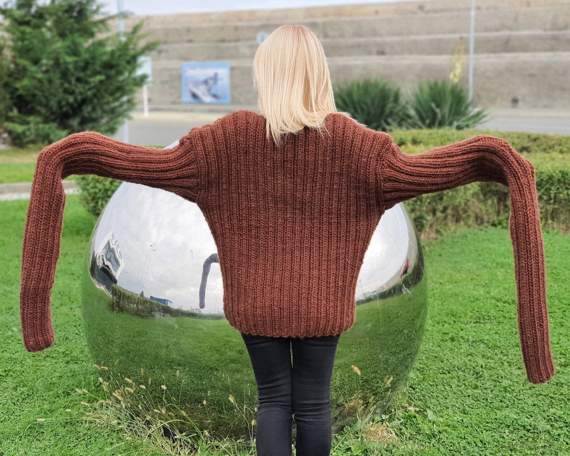 Women's Ribbed Brown Wool Sweater with extra long sleeves | Etsy
