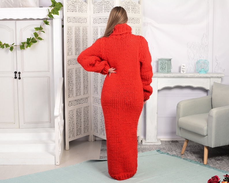 Red wool Dress Knit Sweater Dress Turtleneck Maxi Dress | Etsy