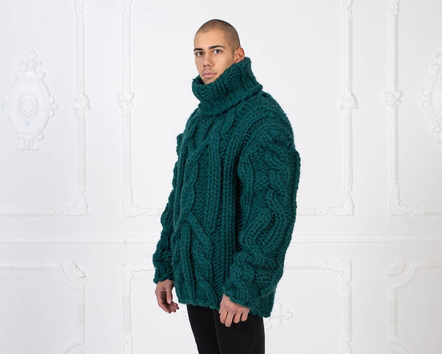 Mega Thick Hand-knitted Pure Wool Sweater – Green Soft Turtleneck Cable ...