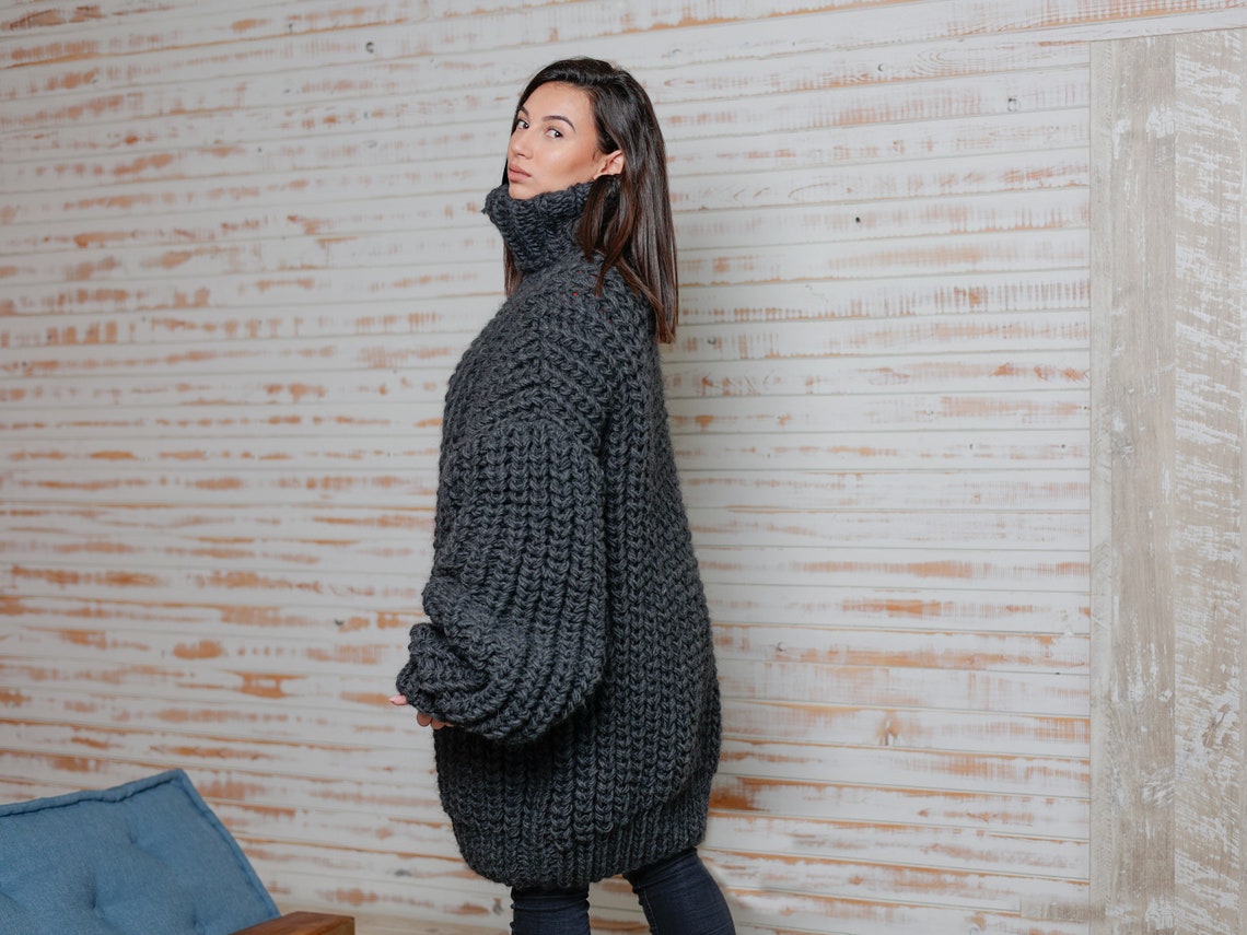 Gray English Rib Oversized Wool Sweater Thick Hand Knitted | Etsy