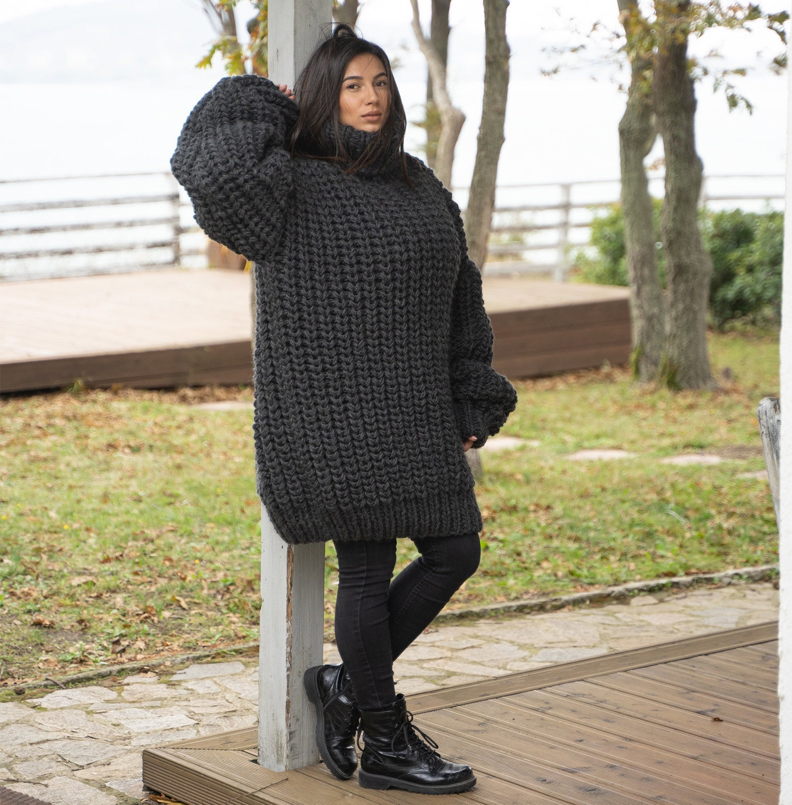 Gray English Rib Oversized Wool Sweater Thick Hand Knitted | Etsy