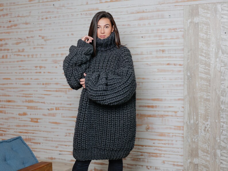 Gray English Rib Oversized Wool Sweater Thick Hand Knitted | Etsy