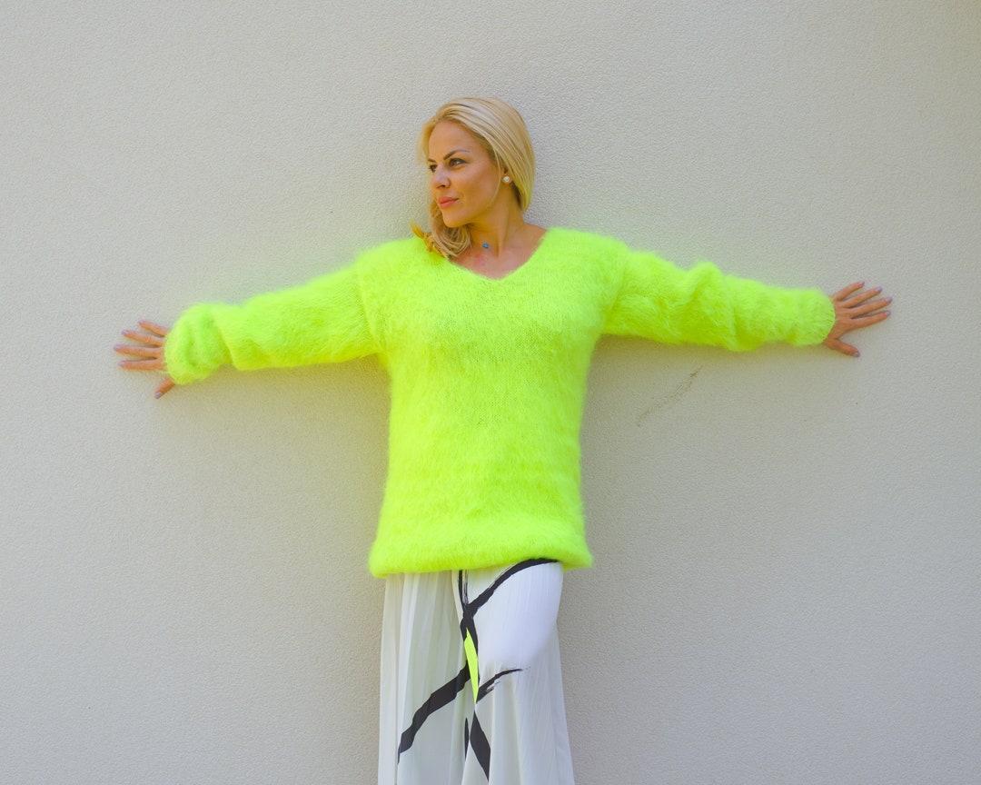 Neon Green Mohair Sweater ,fluffy Mohair Sweater, Scratchy Yarn Sweater ...