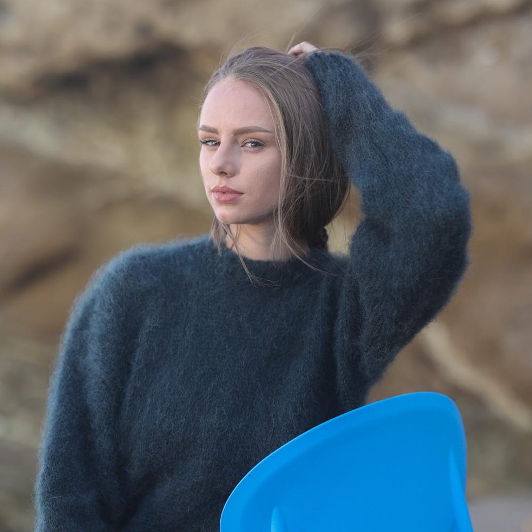 Extra Fluffy Brushed Green Crewneck Sweater, Hand Knitted Mohair Alpaca ...