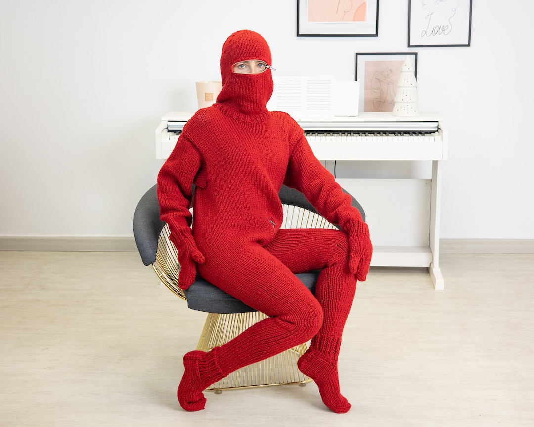 Hand Knitted Raw Wool Catsuite, Fetish Catsuit With Integrated Mittens ...