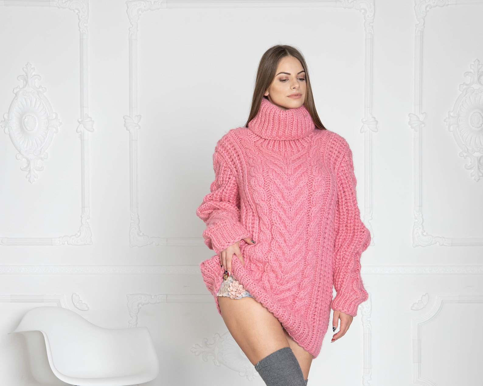 Pink Cable Knit Sweater. Hand Knit Sweater. T Neck Sweater. | Etsy