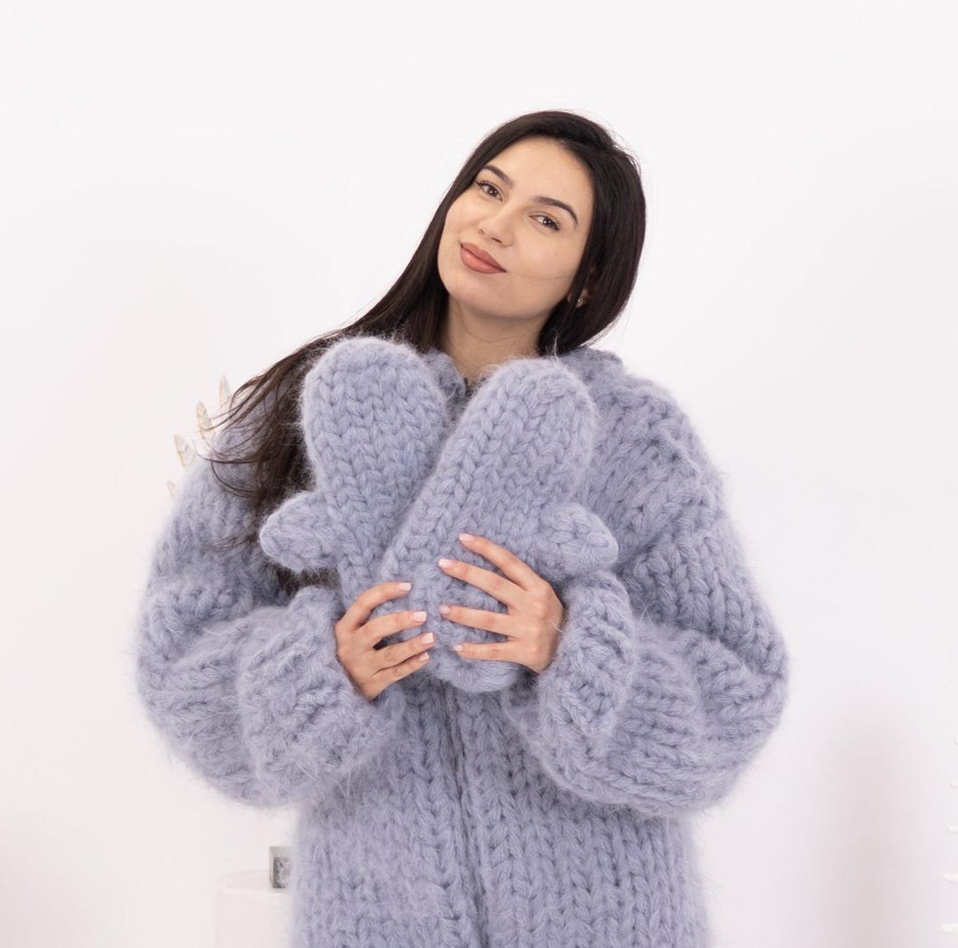 Gray Mohair Mittens – Hand Knitted Extra Chunky Fluffy Gloves T1624A ...