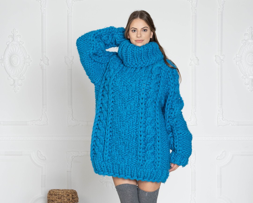 5 Strands Thick Blue Wool Sweater,huge Chunky Knit Woolen Pullover ...