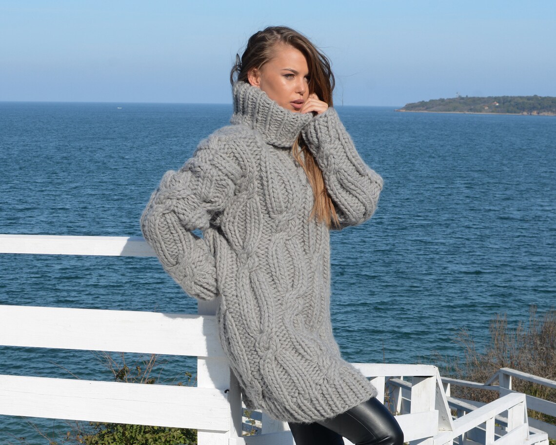 Chunky Gray Wool Sweater Huge Cable Knit Woolen Pullover | Etsy