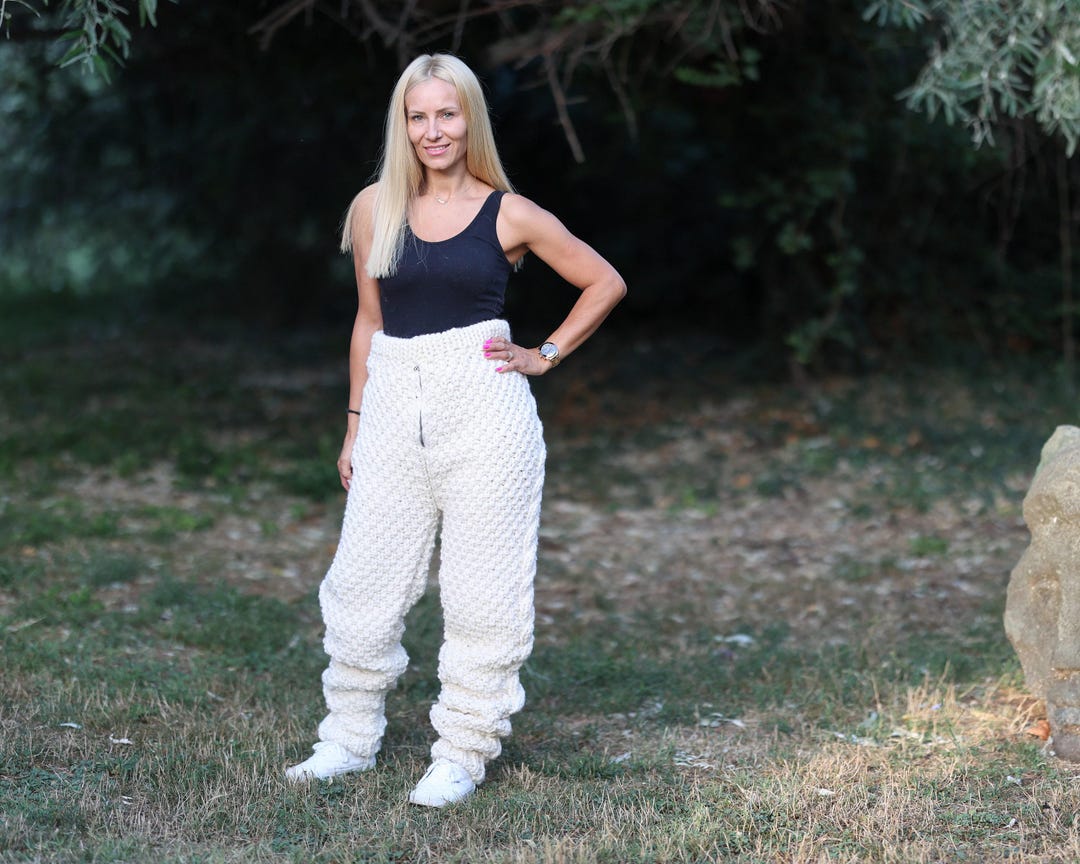 Chunky Wool Knit Pants, Hand Knitted Raw Itchy Wool Joggers for Women ...