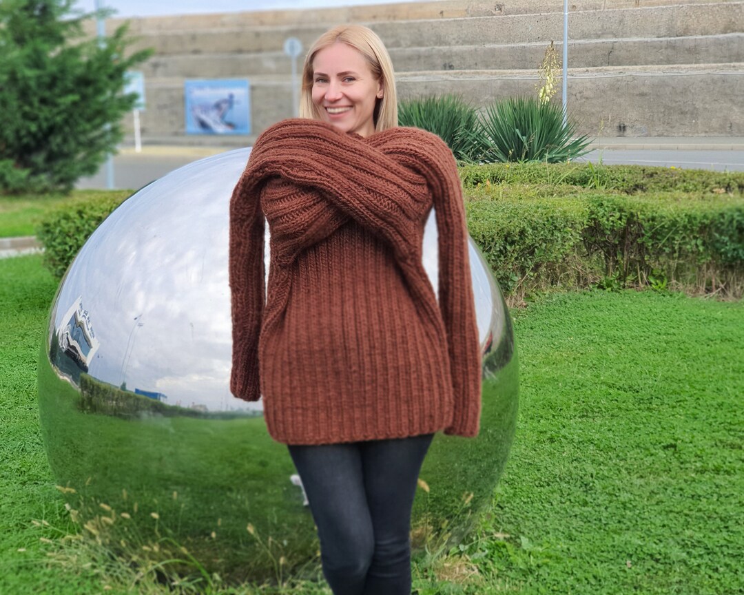 Women's Ribbed Brown Wool Sweater With Extra Long Sleeves, Hand Knit ...
