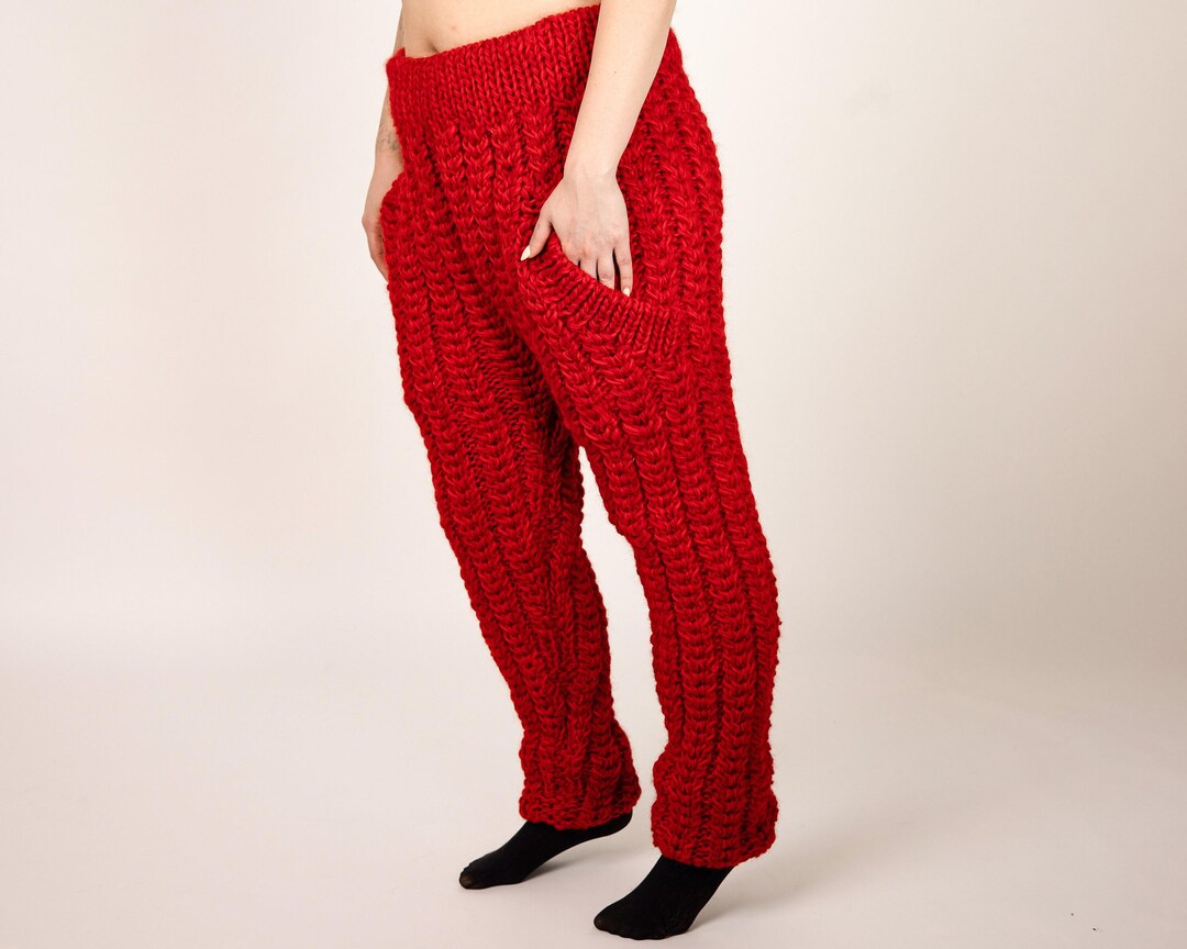 Red Wool Knit Pants, Hand Knitted 100% Wool Joggers for Women T1072 - Etsy