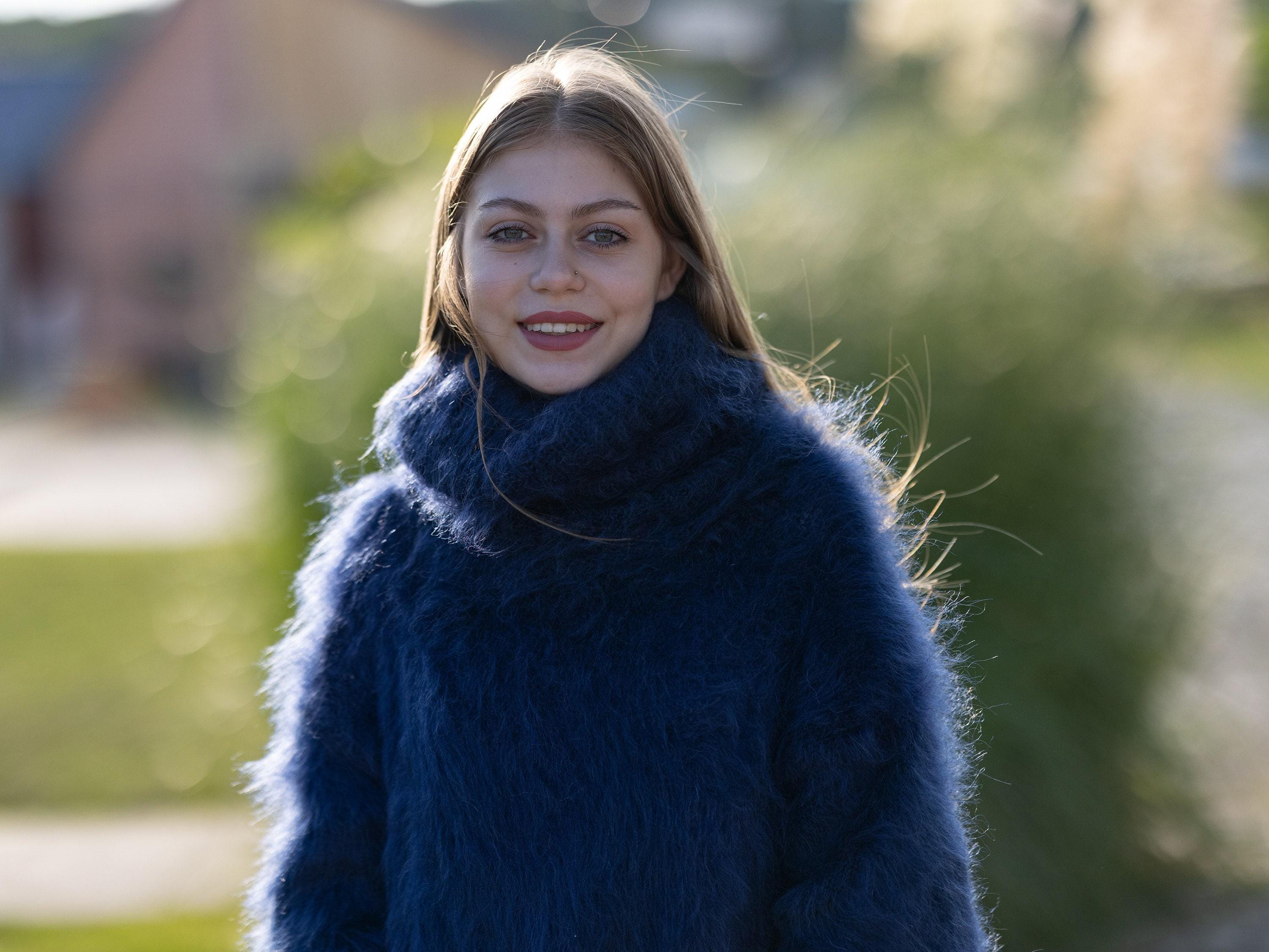 Hand-knitted Navy Blue Mohair Sweater – Extra-long 55 Cm Turtleneck ...