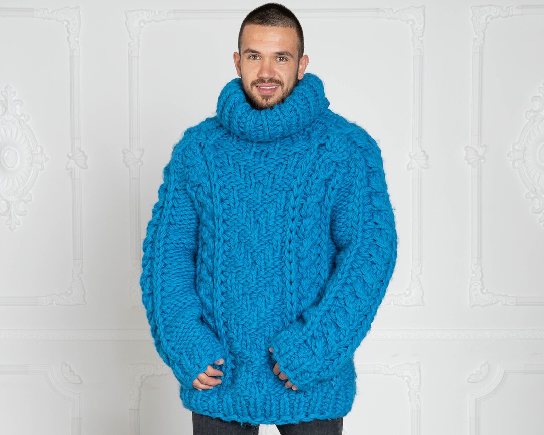 5 Strands Thick Blue Wool Sweater,huge Chunky Knit Woolen Pullover ...