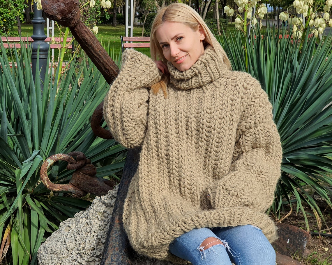 Oversized Eco Wool Sweater in English rib Thick Hand Knitted | Etsy