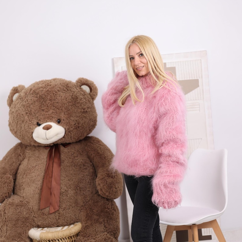Pink Mohair Sweater – Hand-knitted Fluffy Turtleneck With Extra Long ...