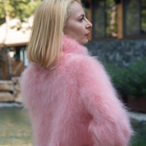Pink Mohair Turtleneck Sweater, Hand Knitted Fluffy Soft Winter ...
