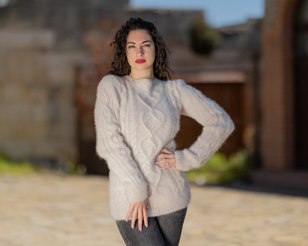Luxurious Beige Italian Rabbit Angora Sweater, Fluffy Cable Knit ...