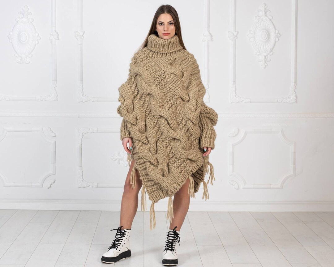 Big Eco Beige Woolen Poncho , Cable Knit Wool Poncho , Oversized Wooly ...