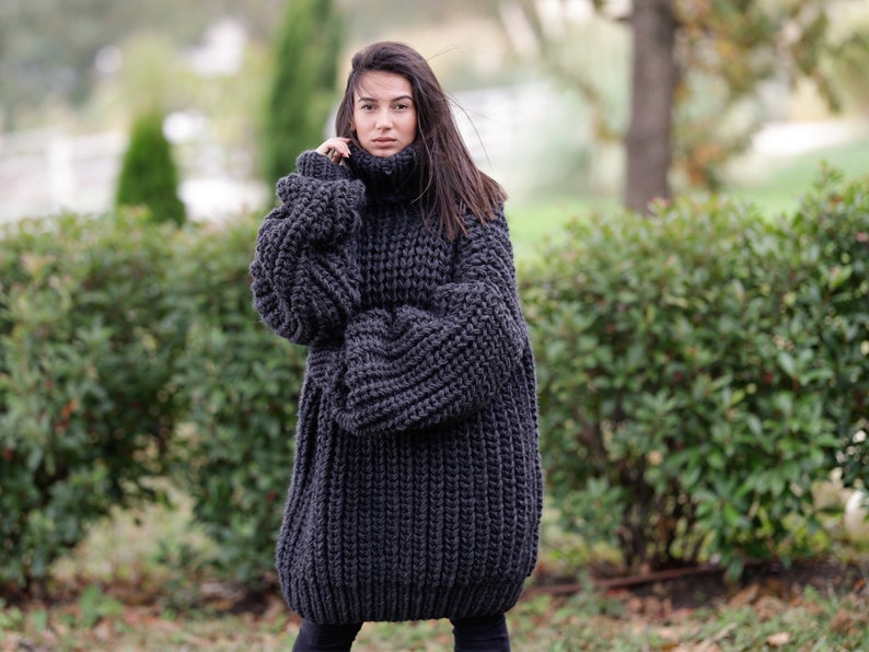 Gray English Rib Oversized Wool Sweater Thick Hand Knitted | Etsy