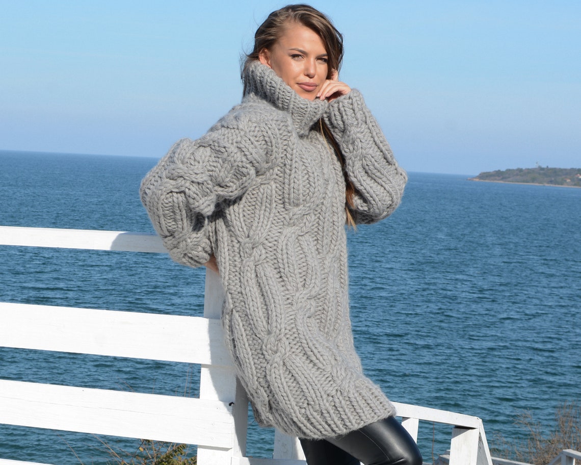 Chunky Gray Wool Sweater Huge Cable Knit Woolen Pullover | Etsy