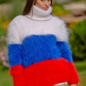 Russian Flag Sweater, Mohair Sweater, Fluffy Pullover, Hand Knit ...