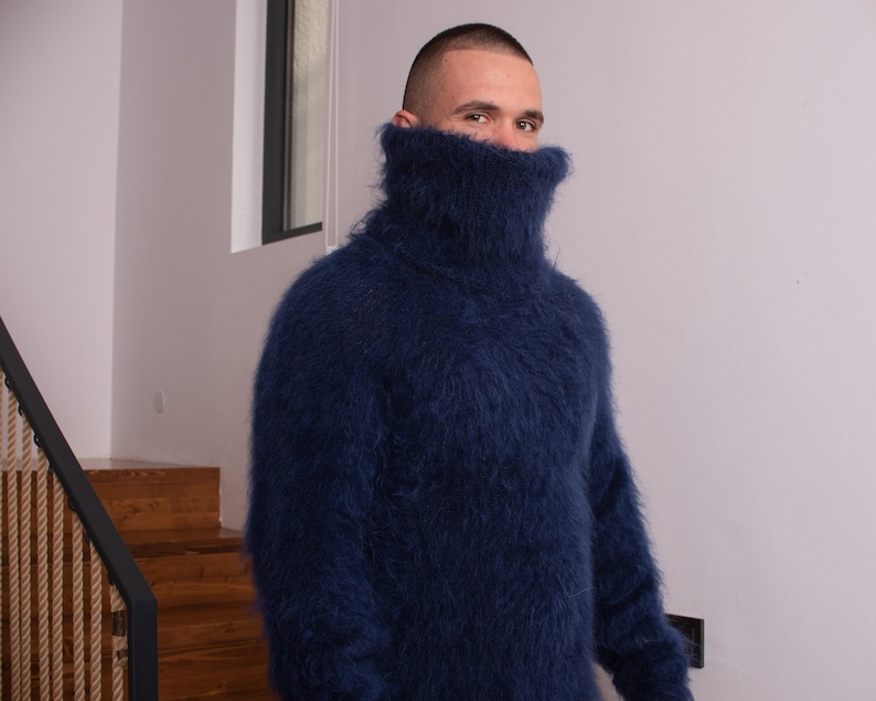 Navy Blue Mohair Turtleneck Sweater, Hand Knitted Fluffy Fuzzy Extra ...