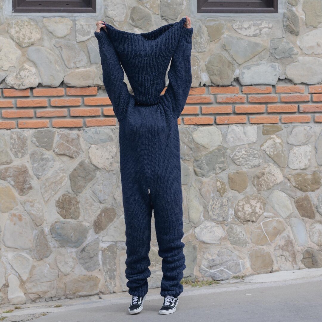 Blue Wool Catsuit – Hand-knitted Full Body Suit With Long 70 Cm Cowl ...