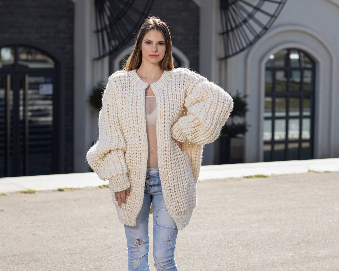 Cream Wool Cardigan Hand knitted Cradigan Oversized | Etsy