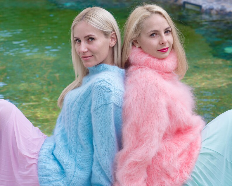 Elegant rabbit angora sweater 100% hand knitted baby blue | Etsy