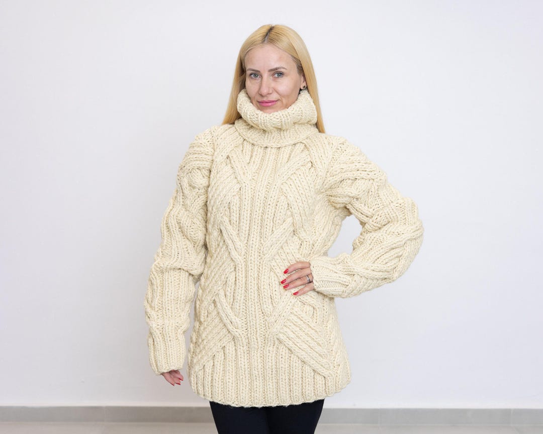 Hand-knitted Wool Cable Knit Sweater, Cream 2XL T1518 - Etsy
