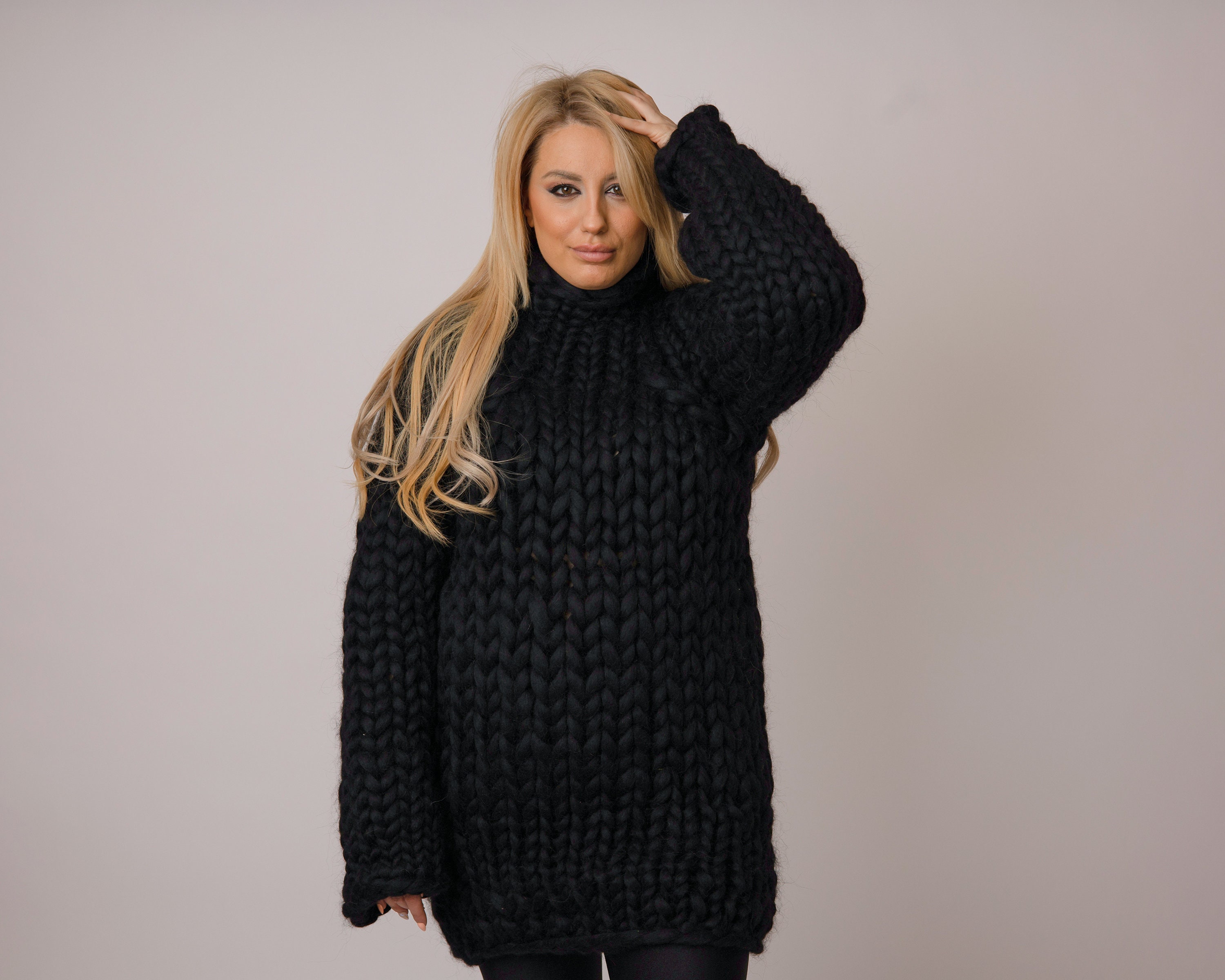 Black Merino Wool Sweater Huge Super Chunky Knit Woolen | Etsy