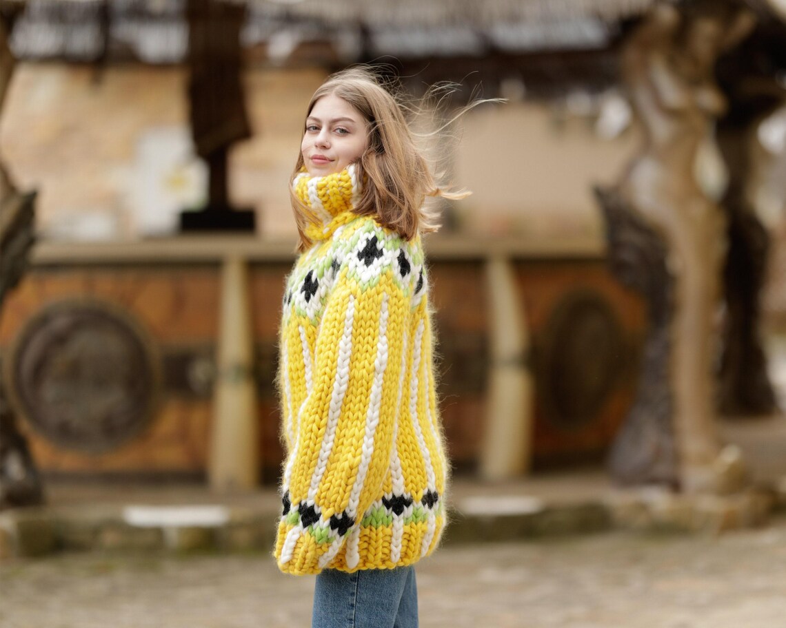 Yellow Icelandic Merino Wool Sweater, Hand Knitted Lopi Turtleneck ...