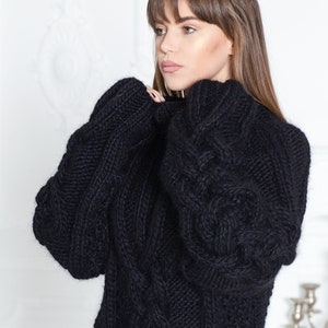 Cable Knit Black Wool Sweater, Hand Knit Woolen Pullover With Zipper ...