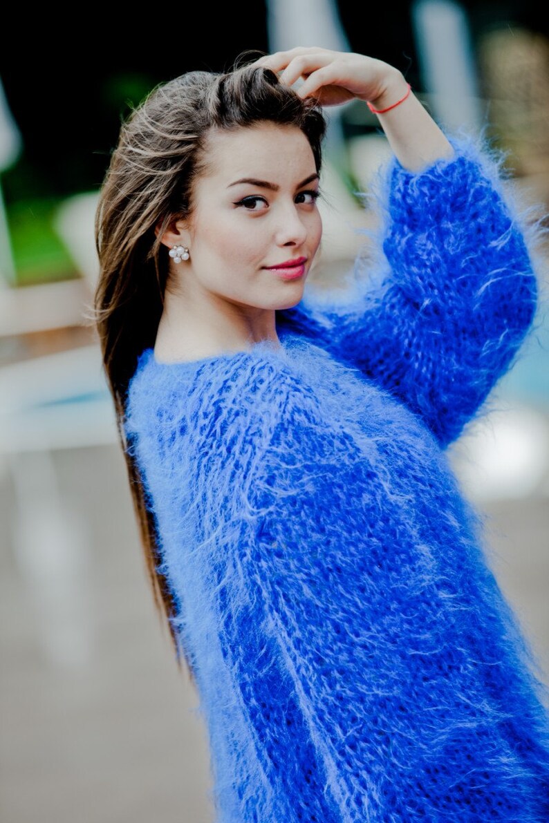 Off Shoulder Sweater Blue Mohair Sweater Loose Knit Sweater Etsy