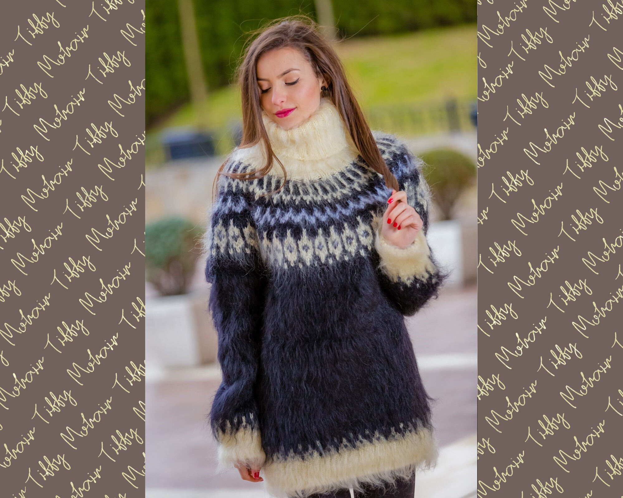 Black T neck Icelandic Mohair sweater Hand Knit sweater | Etsy