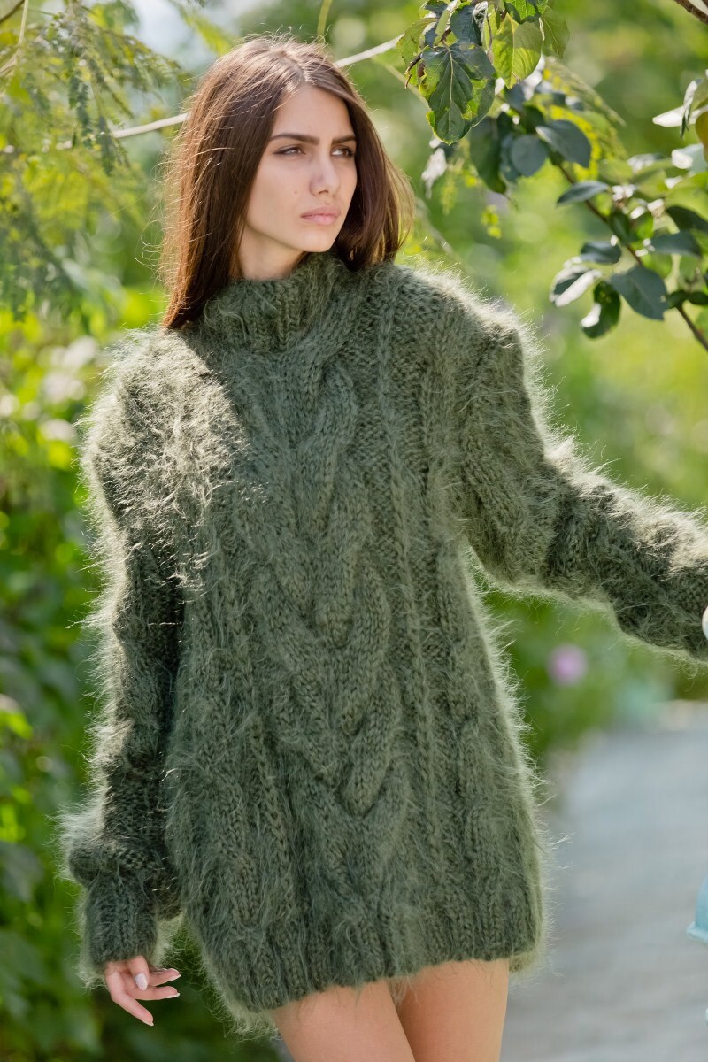 Olive GREEN Mohair Sweater Chunky Turtleneck Cable Knit | Etsy