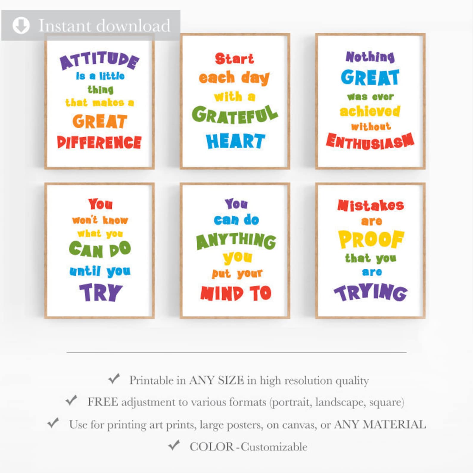 Motivational quote primary colors kids room wall art print set | Etsy