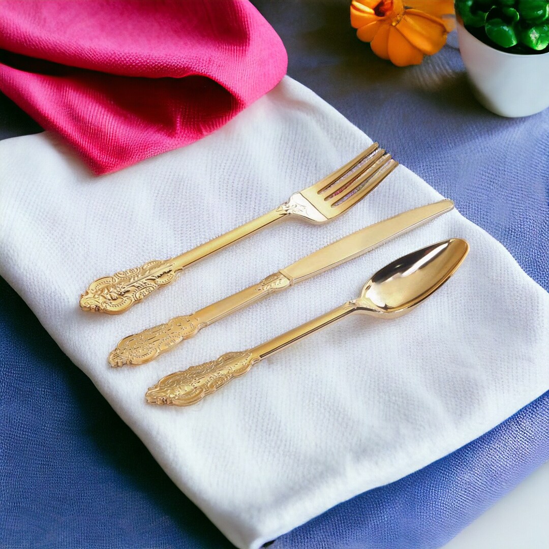300 Piece Gold Silverware Wedding Plastic Silverware for Party Gold ...