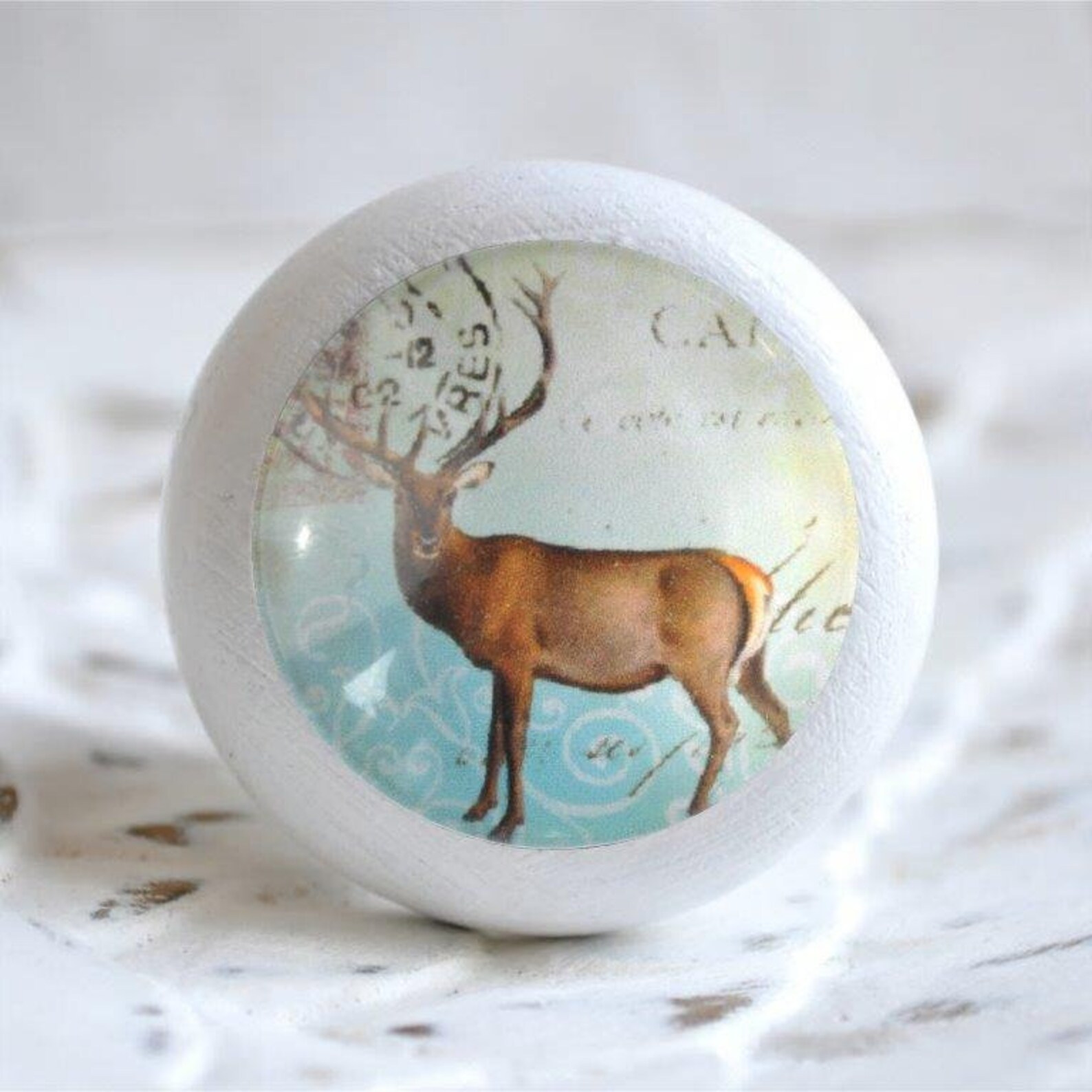 Vintage Knob Deer Deer Wood Knob White Blue - Etsy