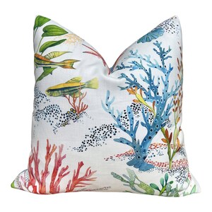 Designer Coralline Outdoor Decorative Pillow in Blue and Coral. Outdoor ...