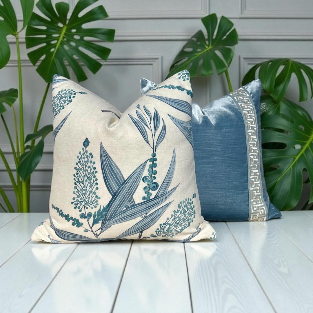Thibaut Winter Bud Floral Pillow - Blue, White. Designer High End ...