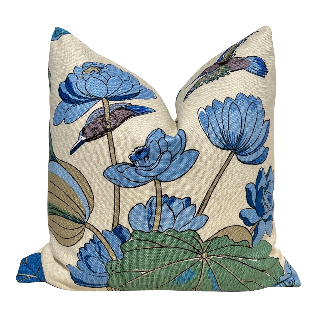 GP & J Baker Nympheus Linen Pillow in Teal. Decorative Lumbar Floral ...