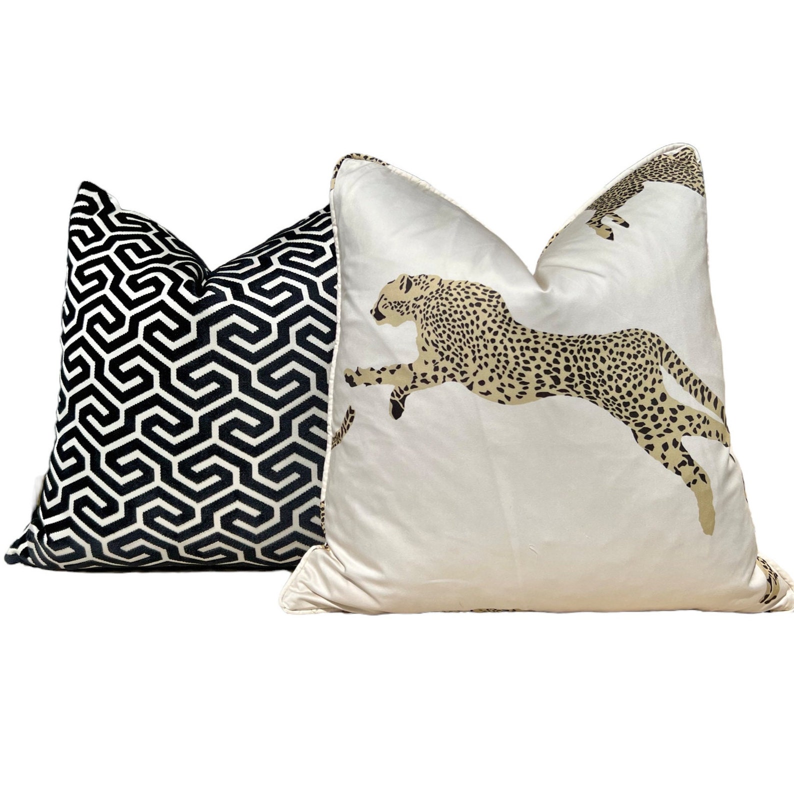 Leaping Cheetah Pillow in Cream. Designer Accent Ivory Throw Pillow ...