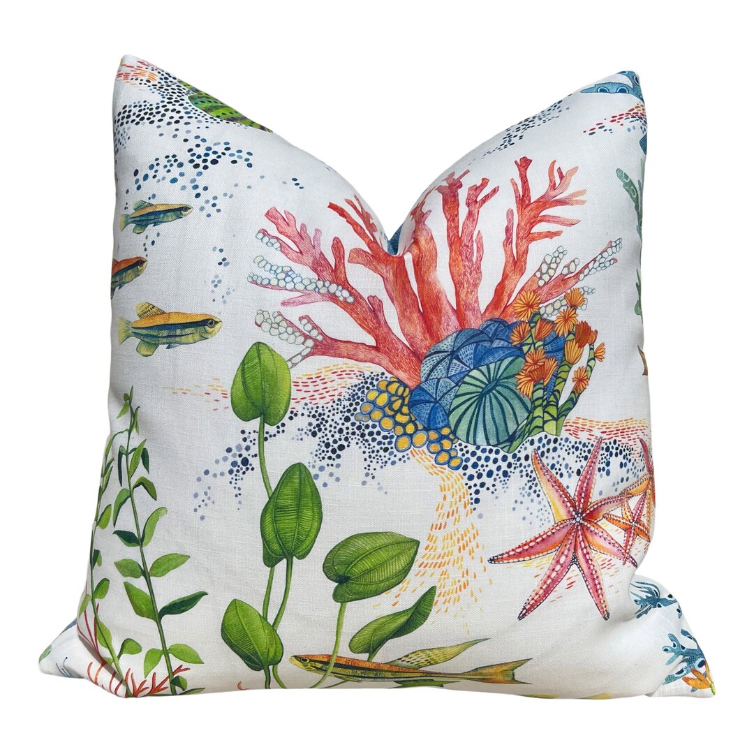 Designer Coralline Outdoor Decorative Pillow in Blue and Coral. Outdoor ...