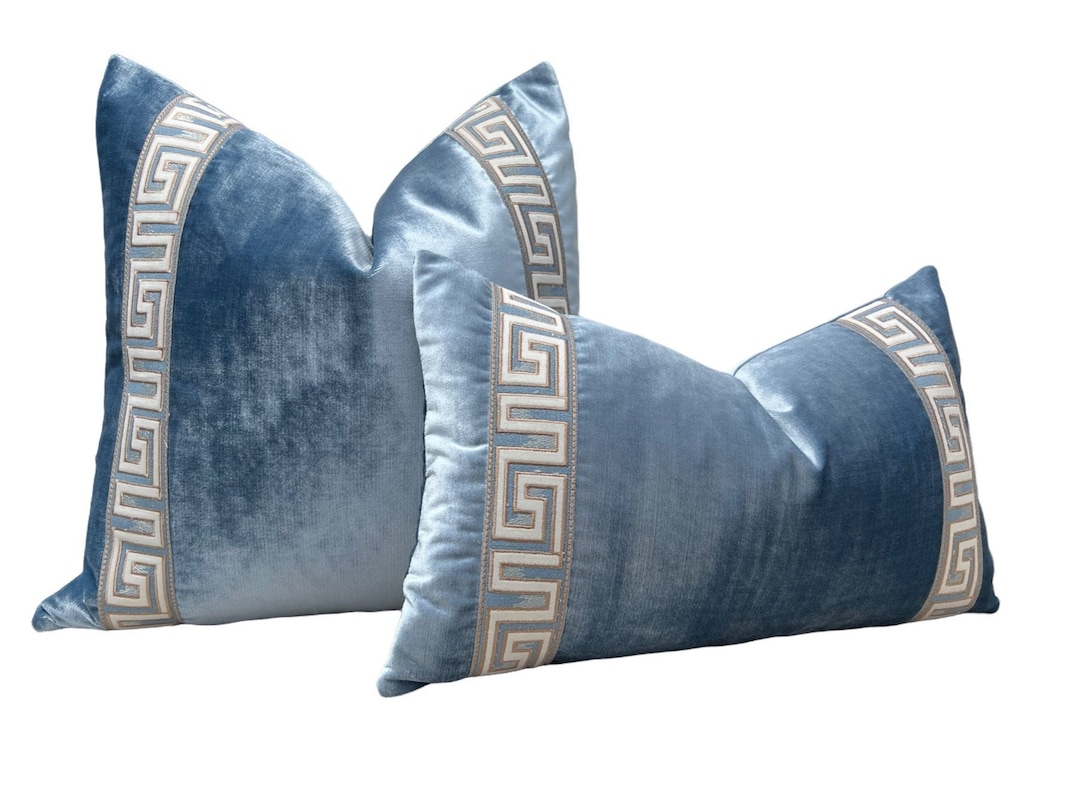 Designer Velvet Pillow in Luminous Blue With Greek Key Trim. High End ...