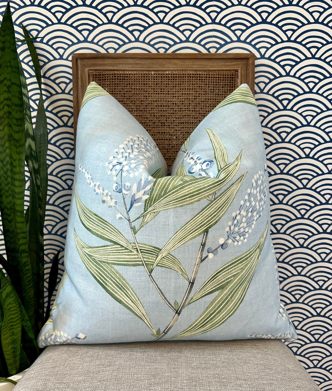 Designer Winter Bud Floral Pillow in Sky Blue. Designer High End Pillow ...